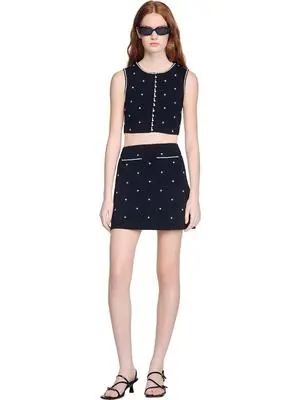 Sandro Rhinestone Embroidered Knit Mini Skirt - Black