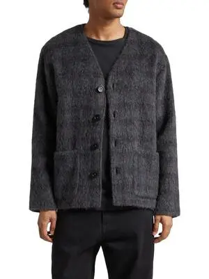 Our Legacy Fuzzy Check Wool And Alpaca Blend Cardigan Fuzzed Plum Check Hairy Wool