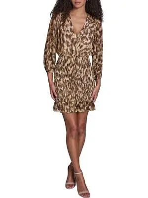 Bcbgmaxazria Leopard Print Smocked Chiffon Mini Dress - Espresso Dusk Multi