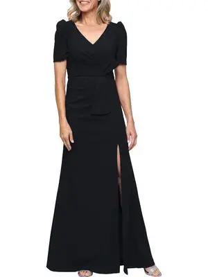 Alex Evenings Puff Sleeve Stretch Crepe Gown - Black