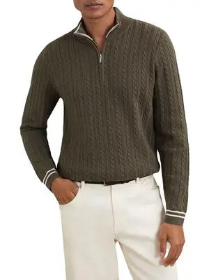 REISS Tuscano Cable Quarter Zip Sweater - Khaki Green