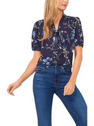 CECE DUPRAZ Floral Tie Neck Georgette Top - Classic Navy