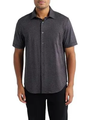 Bugatchi Miles Ooohcotton® Print Short Sleeve Button-up Shirt - Black