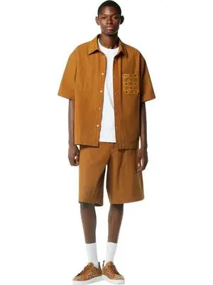 Mcm Shirt In Cotton And Monogram Print Leather - Cognac