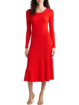 Elie Tahari Long Sleeve Ribbed Sweater Dress - Red Bliss