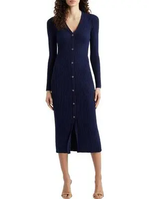 Elie Tahari The Monroe Long Sleeve Rib Midi Sweater Dress - Navy