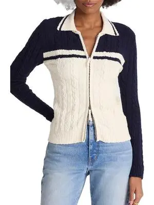 Madewell Colorblock Cable Knit Zip Cardigan - Navy And Ivory Colorblock