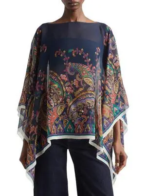 Etro Paisley Print Silk Chiffon Poncho - Printed Blue Base