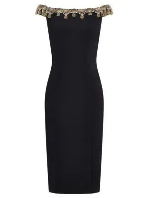 Jenny Packham Valorie Beaded Off-shoulder Midi Dress - Liquorice