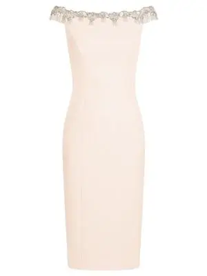 Jenny Packham Valorie Beaded Off-shoulder Midi Dress - Morganite