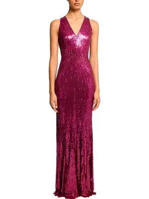 Jenny Packham Sequin Embellished V-neck Gown - Merlot