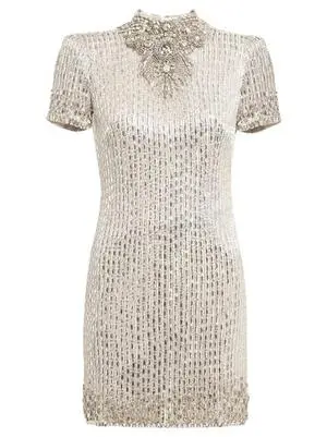 Jenny Packham Kitty Crystal-embellished Turtleneck Mini Dress - Ammonite