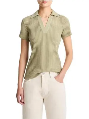 Vince Ribbed Cotton-blend Polo Shirt - Olive