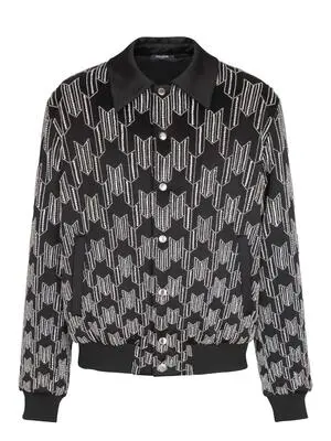 Balmain Satin Bomber Jacket With Crystal Houndstooth Pattern - Black