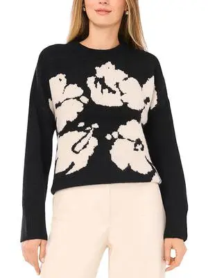 Vince Camuto Floral Motif Crewneck Sweater - Rich Black