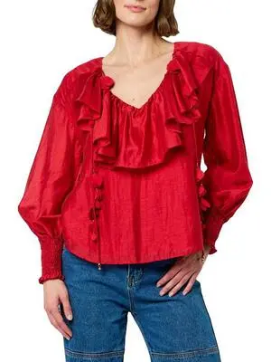 CIEBON Saruma Satin Ruffle Collar Blouse - Red