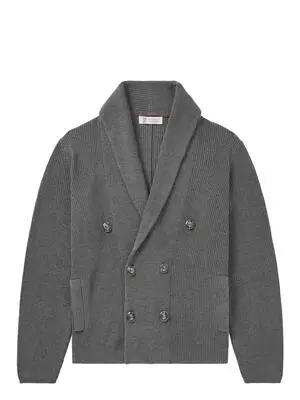 Brunello Cucinelli Shawl-collar Double-breasted Ribbed Cotton Cardigan - Gray