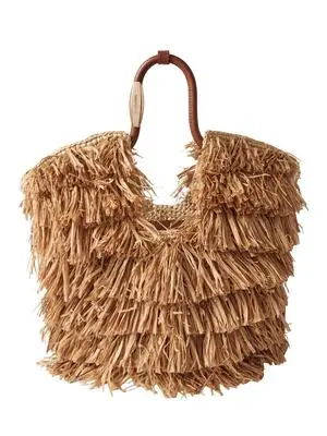 Zimmermann Small Raffia Tote With Leather Trim And Fringe - Brown