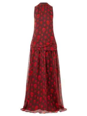 Alexander McQueen Draped Pleated Printed Silk-chiffon Halterneck Maxi Dress - Red