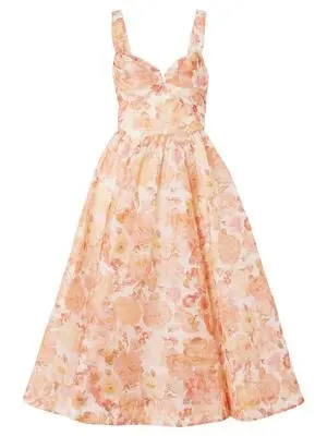 Zimmermann Floral-print Linen And Silk-blend Bustier Midi Dress - Orange