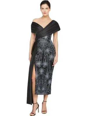 Theia Kelly Beaded Column Dress - Black/silver