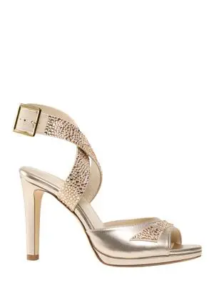 ELIZEE Fiorella Crystal-embellished Metallic Leather Sandals - Beige Metallic Crystals