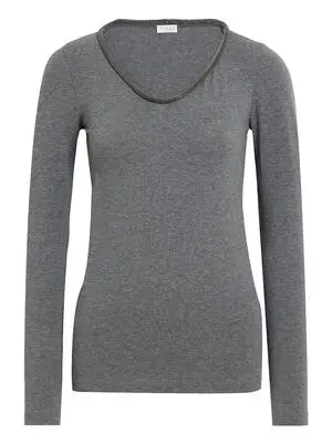 Brunello Cucinelli Bead-embellished Stretch Cotton-blend Top - Dark Gray
