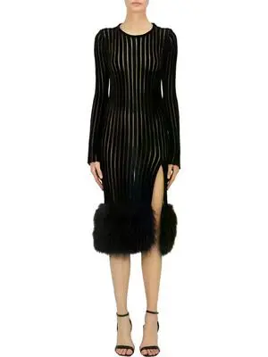 Blumarine Fur-trim Ribbed Midi Dress - Black