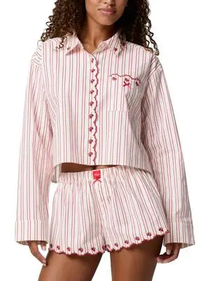 FLORENCE BY MILLS Cherry Stripe Crop Button-up Shirt - Cherry Scallop