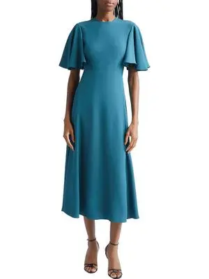 Michael Kors Flutter Sleeve Crepe Cady Midi Dress - Teal