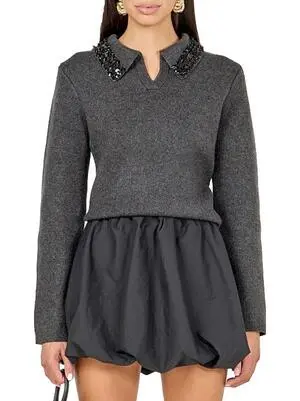 Endless Rose Jewel Trimmed Collar Sweater - Charcoal