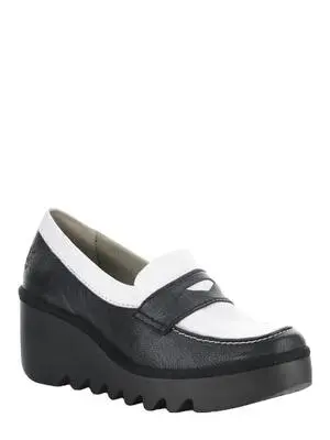Fly London Bilz Platform Wedge Loafer - Black/white