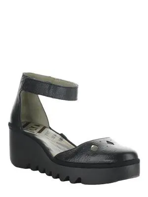 Fly London Boij Ankle Strap Platform Wedge Pumps Black
