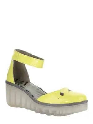 Fly London Boij Ankle Strap Platform Wedge Pumps Lemon