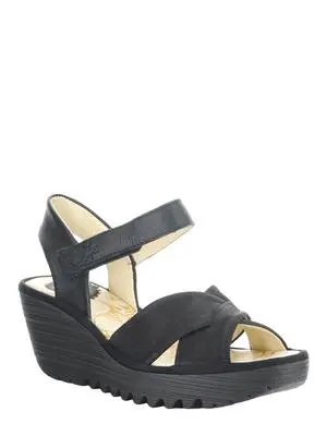 Fly London Yorg Platform Wedge Sandals - Black
