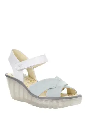Fly London Yorg Platform Wedge Sandals Skyblue/white