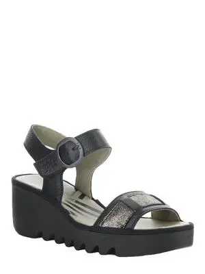 Fly London Beik Platform Wedge Sandal - 001 Black/graph