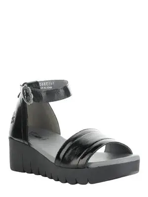 Fly London Voik Ankle Strap Platform Wedge Sandal Black Patent