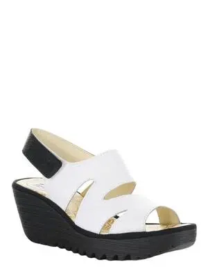 Fly London Yaad Platform Wedge Slingback Sandal - White/black