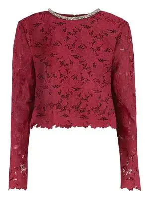SELF-PORTRAIT Lace Top With Crystal Details - Red