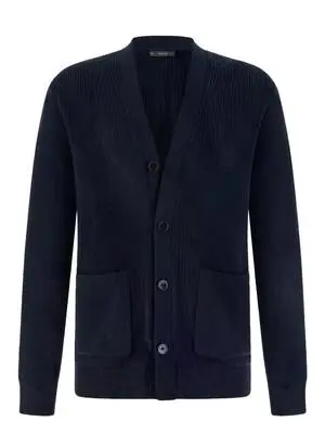 Boggi Milano Ribbed Patch Pocket Cardigan - Blue
