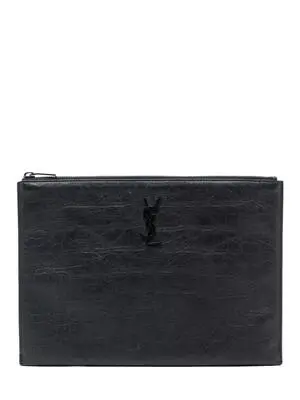 Saint Laurent Croc Embossed Leather Monogram Clutch Bag - Black