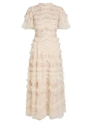 NEEDLE & THREAD Marina Ruffled Floral Embellished Tulle Gown - Cream