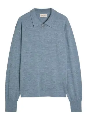 Officine Générale Melange Merino Wool Polo Jumper - Blue