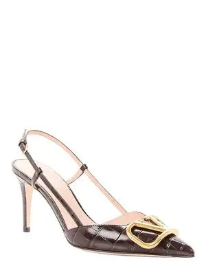 Valentino Garavani Vlogo Croc Embossed Slingback Pumps - Brown