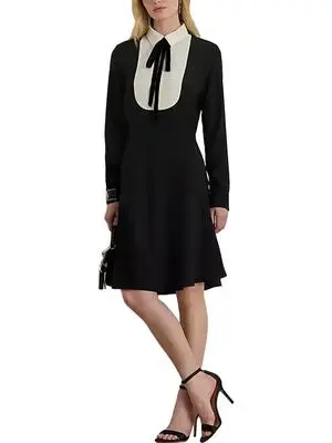 Ralph Lauren Georgette Collared Bow Midi Dress - Black