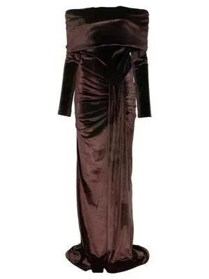 MIAU BY CLARA ROTESCU Off-shoulder Draped Maxi Dress - Brown