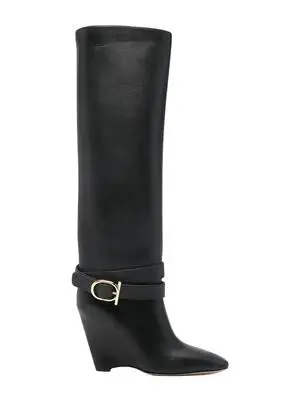 FERRAGAMO Strap Wedge Boots - Black