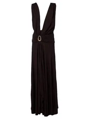 Christopher Esber Draped Jersey Maxi Dress With Stone Pin - Brown