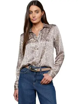 L'Agence Tyler Silk Blouse Top - Grey Multi Patch Leopard